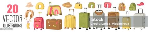 다양한 여행 용품 세트 성인과 어린이를 위한 다양한 모양과 색상의 여행 가방 비행기 베개와 모자 비즈니스 가방과 배낭 흰색 배경에 분리된 벡터 그림입니다 가방에 대한 스톡