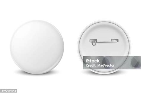 벡터 3d 현실적인 흰색 둥근 금속 플라스틱 빈 빈 버튼 배지 아이콘 Closeup 격리 앞면 뒷면 보기 버튼 핀 배지 글로시 브로치 핀 앞면도 브랜딩 목업을 위한 템플릿