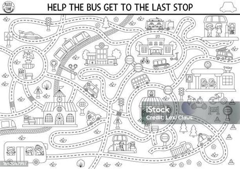 도시 풍경 자동차 승객이 있는 아이들을 위한 교통 흑백 미로 운송 라인 유치원 인쇄 가능한 활동 색칠 공부 페이지 미로 게임 퍼즐 버스가 마지막 정류장에 도착하도록