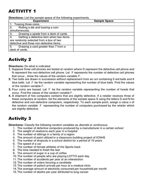 Activity Sheets Pdf Random Variable Sampling Statistics