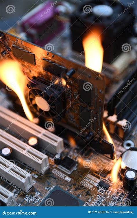 Fire Burning Blazing Computer Motherboard Cpugpu And Video Card Processor On Circuit Board