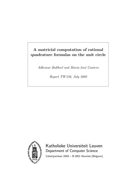 Pdf A Matricial Computation Of Rational Quadrature Formulas On The Unit Circle