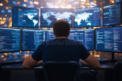 Cybersecurity Professional Analyzes Data On Multiple Screens In Modern