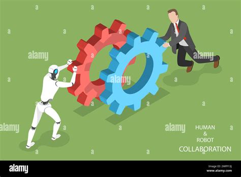 Flat Isometric Vector Concept Of Robot And Human Collaboration Artificial Intelligence