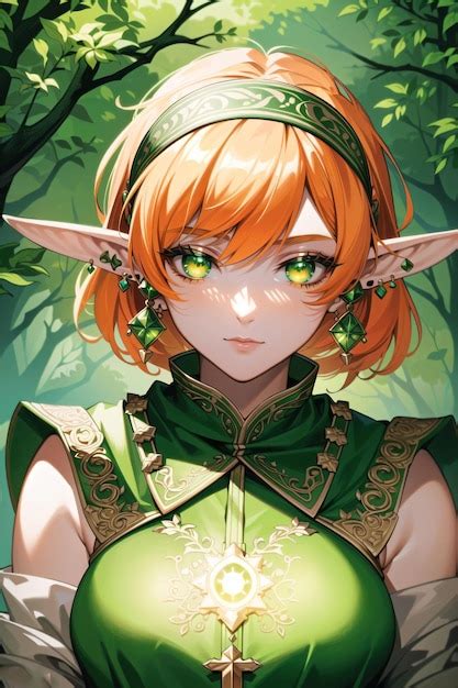 Premium Ai Image A Woman With Orange Hair And Green Eyes Stands In Front Of A Forest