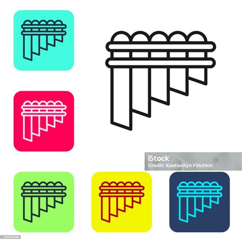 흰색 배경에 격리된 블랙 라인 팬 플루트 아이콘입니다 전통적인 페루 악기 잠폰 페루 볼리비아 멕시코의 민속 악기 색상 정사각형 단추로 아이콘을 설정합니다 벡터 0명에 대한