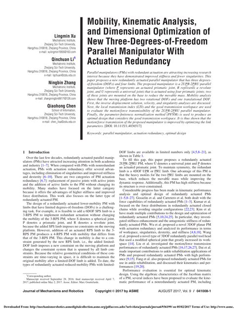 Pdf Kinematic Performance Analysis And Optimal Design Of A Redundantly Actuated Parallel