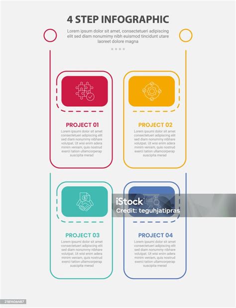 슬라이드 프리젠 테이션을위한 헤더 배지가있는 수직 상자 구조의 4 포인트 템플릿 인포 그래픽 개요 스타일 0명에 대한 스톡 벡터