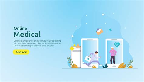 플랫 온라인 의료 조언 또는 건강 관리 서비스 사람 캐릭터와 의사 지원 개념을 호출 합니다 웹 랜딩 페이지 배너 프레젠테이션 소셜 포스터 광고 프로 모션 또는 인쇄 미디어