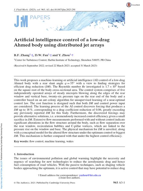Zhang Et Al 2023 Artificial Intelligence Control Of A Low Drag Ahmed Body Using Distributed