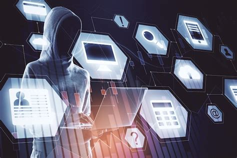 Premium Photo Hacker Using Laptop With Glowing Digital Business Interface