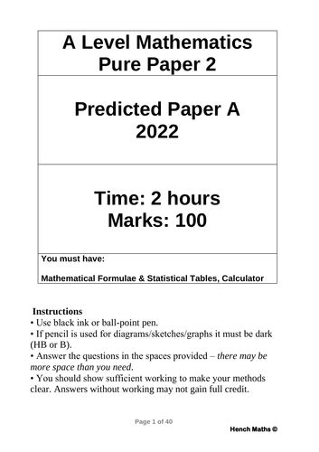 a level maths predicted paper 2022 pure paper 2 edexcel teaching
