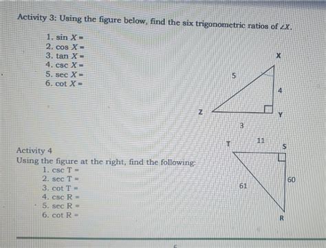 Solved Activity 3 Using The Figure Below Find The Six Trigonometric Ratios Of ∠ X 1 Sin 2