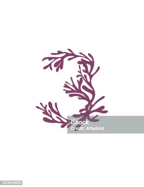 번호 3 보라색 색깔의 해초 수중 바다 식물 바다 산호 요소 흰색 배경에 평면 벡터 일러스트 레이션 3에 대한 스톡 벡터 아트