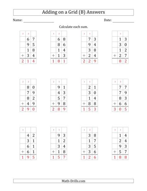 adding four 2 digit numbers on a grid b