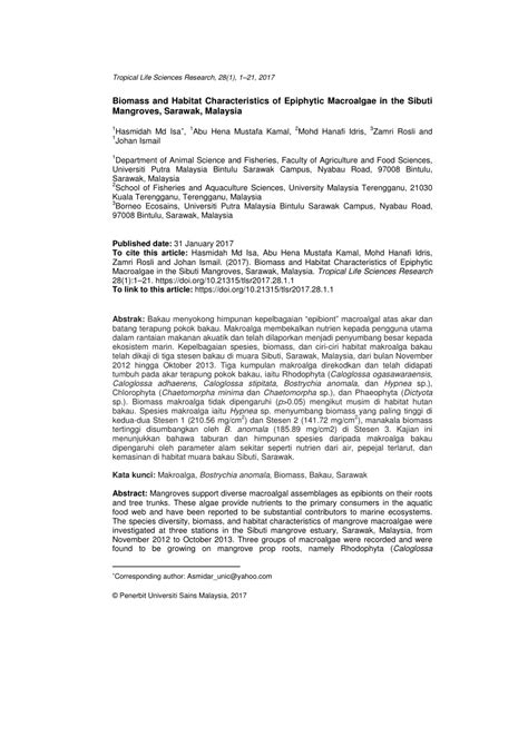 Pdf Biomass And Habitat Characteristics Of Epiphytic Macroalgae In The Sibuti Mangroves