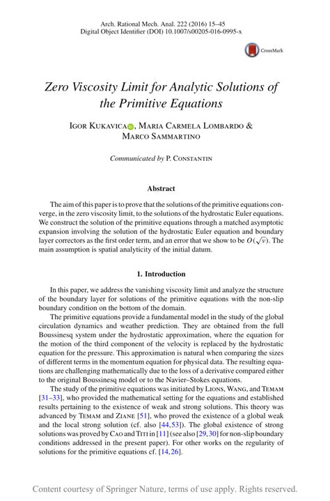Zero Viscosity Limit For Analytic Solutions Of The Primitive Equations Request Pdf