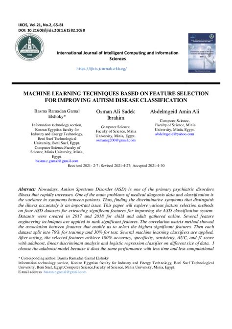 Pdf Machine Learning Techniques Based On Feature Selection For Improving Autism Disease