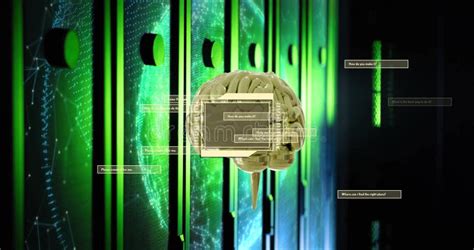 Ai Brain Image Over Green Server Racks With Digital Data Visualization