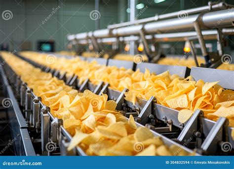 Potato Chips Packaging Line On Conveyor Belt For Production And Packaging Process Stock