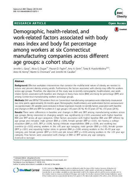 Pdf Demographic Health Related And Work Related Factors Associated With Body Mass Index And