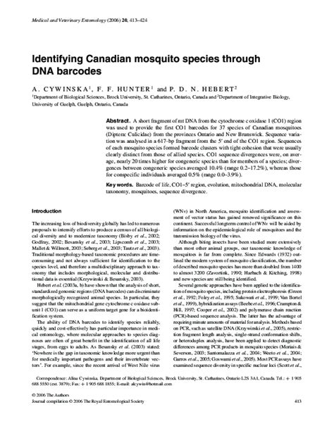 Pdf Identifying Canadian Mosquito Species Through Dna Barcodes
