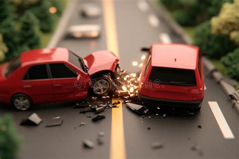 Realistic Digital Rendering Of Rear End Car Collision On Highway With Isometric View Stock