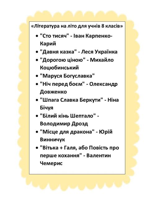 Список літератури з української літератури для 8 класу Інші методичні матеріали Українська
