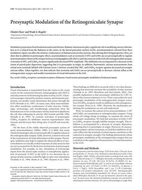 Pdf Presynaptic Modulation Of The Retinogeniculate Synapse