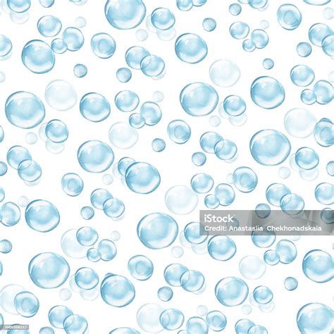 패턴은 무작위로 바다 거품과 매끄럽습니다 물 속의 거품의 수채화 그림 둥근 투명 풍선입니다 샴푸 화장품 엽서 포장 디자인 배경에 적합합니다 0명에 대한 스톡 벡터 아트 및