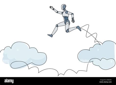 Single One Line Drawing Fearless Brave Robot Make Risk By Jump Over