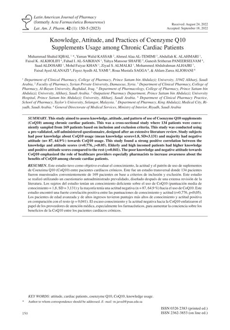 Pdf Knowledge Attitude And Practices Of Coenzyme Q10 Supplements Usage Among Chronic Cardiac