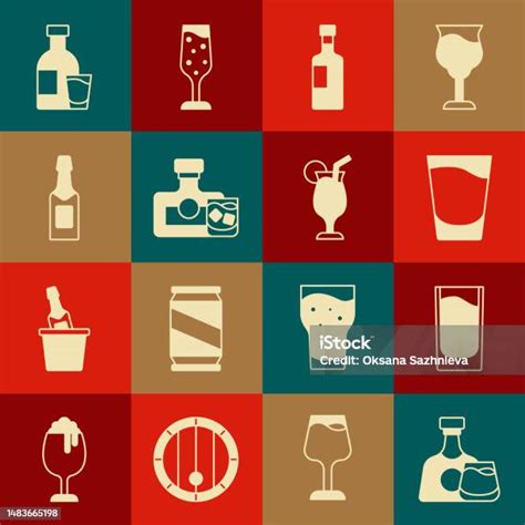 위스키 병과 유리잔 샷 와인 샴페인 보드카 한 병과 칵테일 아이콘을 설정합니다 벡터 공휴일에 대한 스톡 벡터 아트 및 기타 이미지 Istock