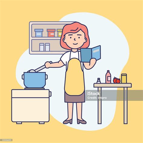 요리 개념 행복한 소녀는 부엌에서 음식을 요리하고 있습니다 여자는 조리법을 읽고 요리하고 좋은 시간을 보내고있다 주부는 팬에 수프를 요리입니다 만화 평면 외곽 선형 벡터