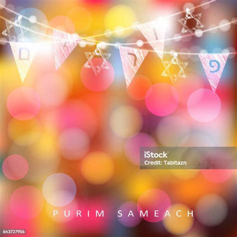 축제 화려한 인사말 카드 초대장 빛 유태인과 유태인 편지 푸 림을 의미와 함께 파티 플래그의 문자열 현대 흐리게 벡터 일러스트