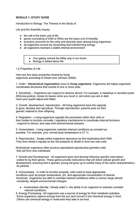 BIO Lecture MODULE STUDY GUIDE Introduction To Biology The Themes In The Study Of