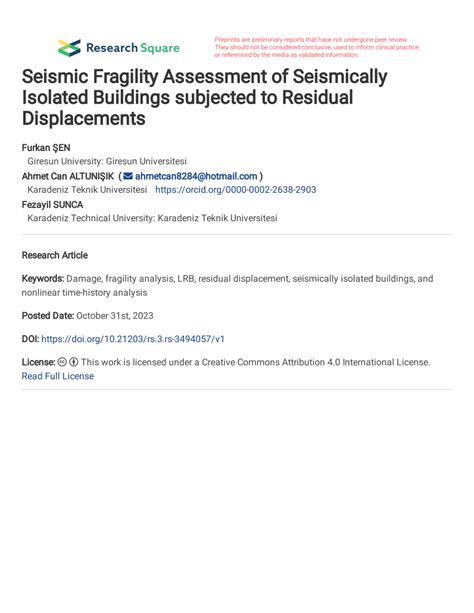 Pdf Seismic Fragility Assessment Of Seismically Isolated Buildings Subjected To Residual