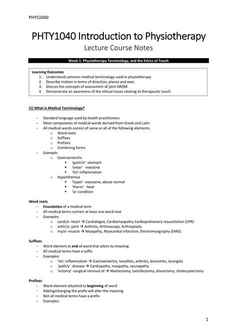 Phty1040 Introduction To Physiotherapy Lecture Notes Phty1040