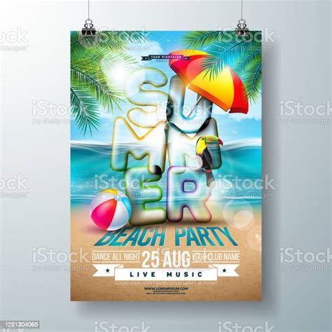 벡터 여름 해변 파티 플라이어 디자인 3d 타이포그래피 편지와 바다 풍경 배경에 열대 팜 잎 배너 전단지 초대 또는 축하 포스터에 대한 투칸 새 비치 볼과 선쉐이드 여름