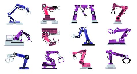 정비사 팔 공장 및 제조 기계 산업 및 생산 조립 라인 도구 전자 자동 손 로봇 공학 장비 벡터 컨베이어 조작기 세트 갈고리