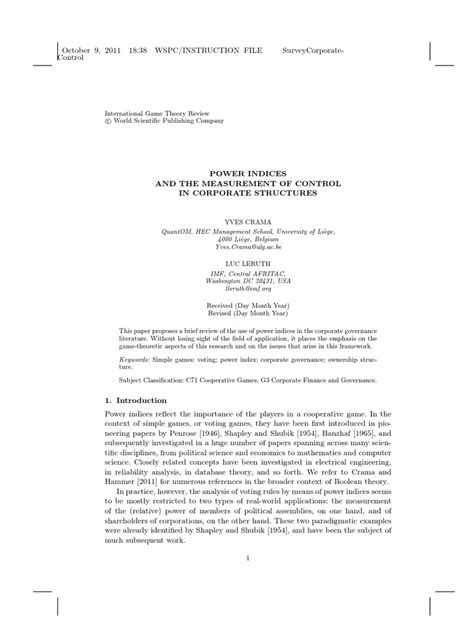 Power Indices And The Measurement Of Control In Corporate Structures Download Free Pdf