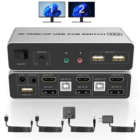 Displayport Hdmi Dual Monitor Kvm Switch For 2 Computers 4k 60hz Extended Display 2 Ports Kvm