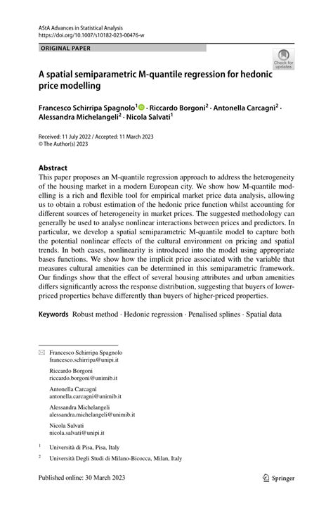 Pdf A Spatial Semiparametric M Quantile Regression For Hedonic Price