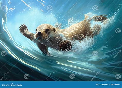 otter diving headfirst into tranquil pool of water with its whiskers