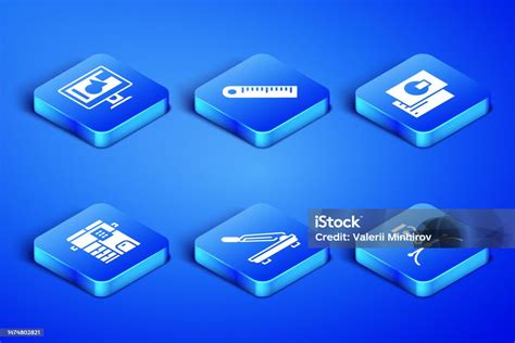 만년필 펜촉 컴퓨터 모니터 화면 종이 절단기 복사기 눈금자 및 명함 아이콘을 설정합니다 벡터 0명에 대한 스톡 벡터 아트 및
