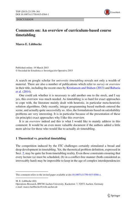 Pdf Comments On An Overview Of Curriculum Based Course Timetabling