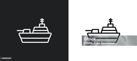 흰색과 검은색의 군함 개요 아이콘입니다 웹 모바일 앱 및 Ui를 위한 Army Collection의 군함 플랫 벡터 아이콘입니다 구축함에 대한 스톡 벡터 아트 및 기타
