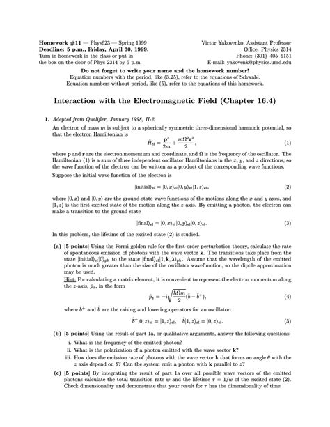 Interaction With Electromagnetic Field Homework 11 Phys 623 Docsity