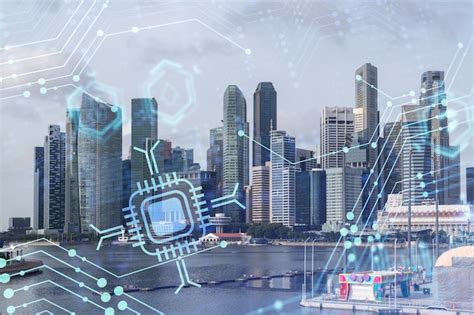 아시아 최대의 기술 허브인 싱가포르의 파노라마 시티 뷰를 통한 기술 홀로그램 코딩 및 하이테크 과학 개발 개념 이중 노출 프리미엄 사진