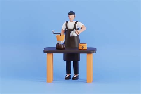 고객 3d 일러스트레이션을 위해 커피를 만드는 바리스타 카페에서 커피를 만드는 남성 바리스타 3d 일러스트레이션 3차원 형태에